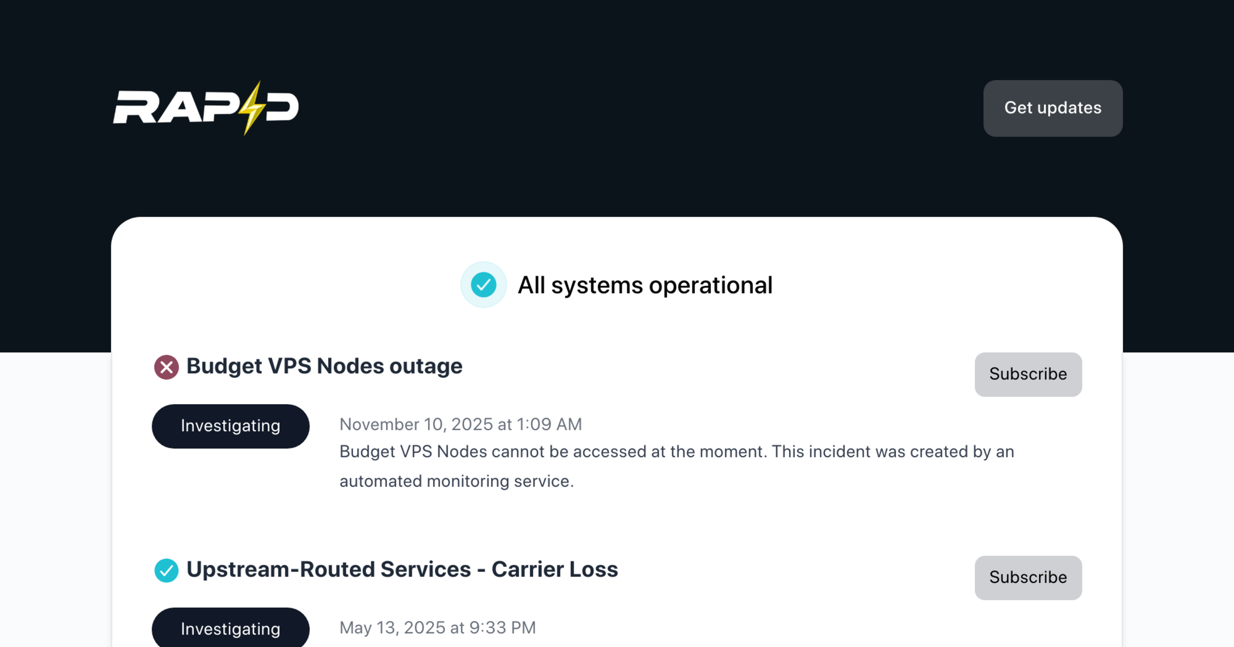 Rapid Hosting status - Status